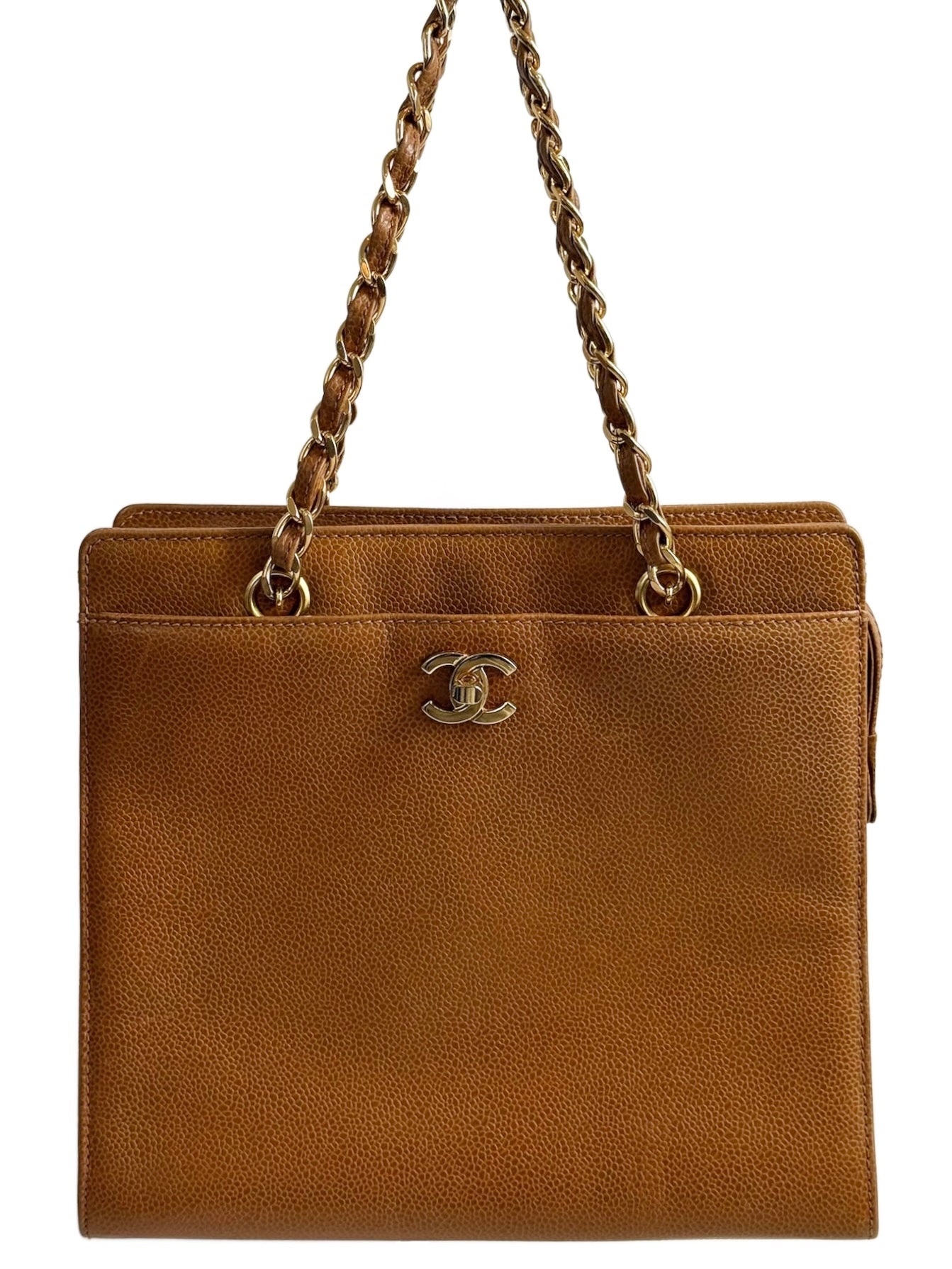 Chanel Vintage 90s Cognac Light Brown Caviar Leather Small Turnlock Sh ...